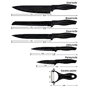 veluebay Kitchen Knife Set, Professional Stainless Steel Chef Knives with Ceramic Peeler and Gift Box, Black Cooking Knives for Slicing, Bread, Utility, Paring (6 Pcs)