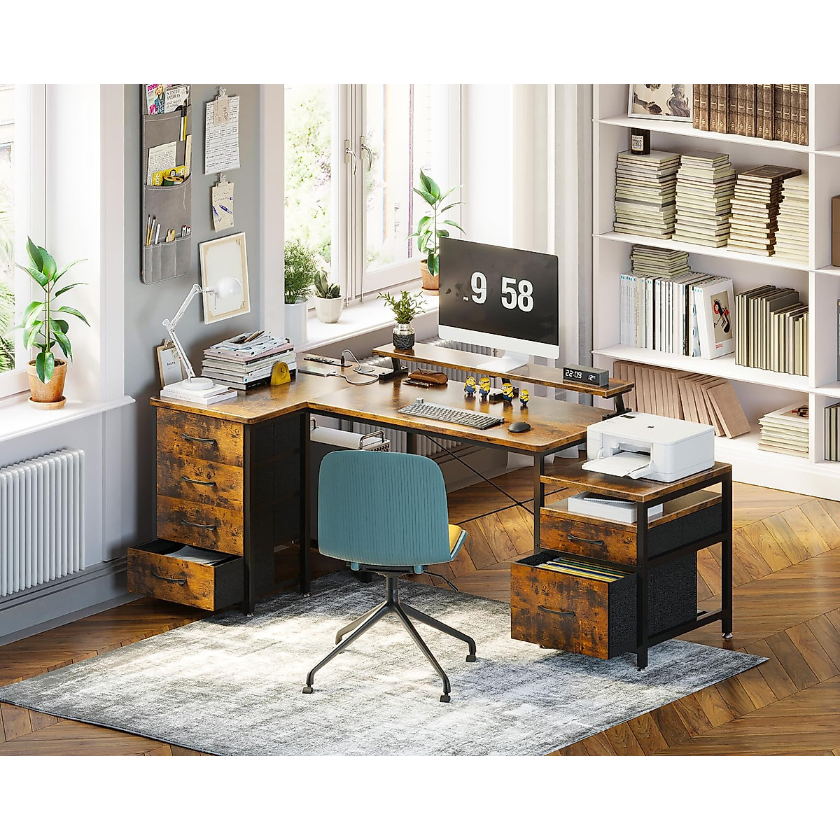 AODK L Shaped Desk with 6 Drawers & Power Outlet, 72 Inch Computer Desk with File Drawer & Printer Storage Shelves, Reversible Desk with Monitor Shelf for Home Office, Rustic Brown