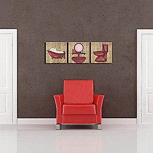 LoveHouse Bathroom Canvas Wall Art Prints Rustic Bath Sets Red Wall Decor Still Life Picture Poster Print On Canvas for Home Shower Room Decoration Stretched Framed Ready to Hang 12x12inchx3panel