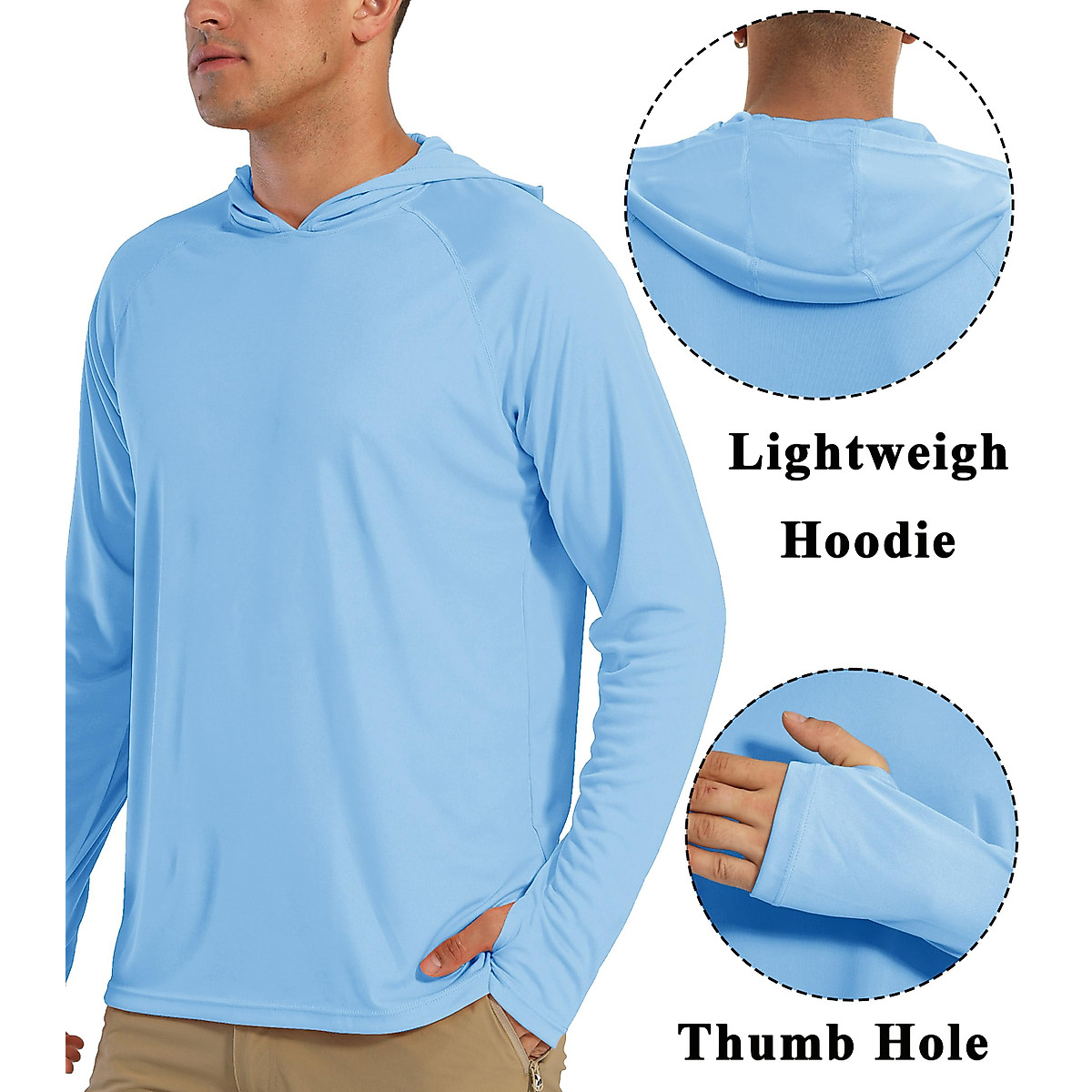 BIYLACLESEN Active Shirts Men Long Sleeve Sun Protection Hoodie Outdoor Performance T-Shirts Quick Dry Fishing Shirts Running Shirts Blue