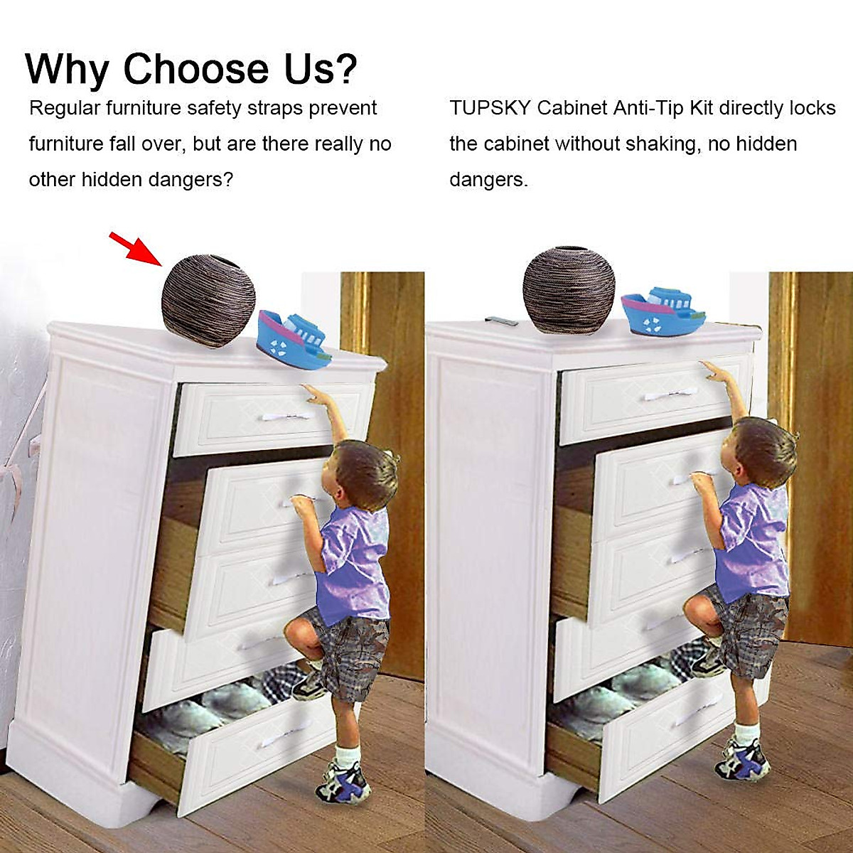 Cabinet Anti Tip Kit, TUPSKY Furniture Anchors Wall Stainless Steel Baby Proofing Bookshelf Falling Prevention Device for Children (1 Pair)