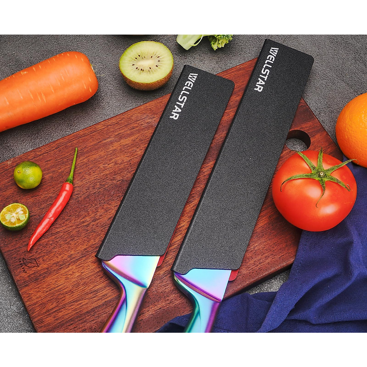 WELLSTAR Knife Edge Guards Set, 2 Piece Universal Blade Covers, BPA Free ABS Protective Blade Sheaths, Non-Scratch Felt Lining Kitchen Knives Covers (Knives not included)