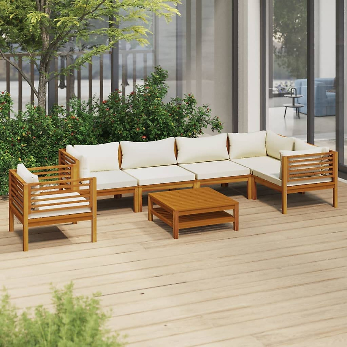 FAMIROSA 7 Piece Patio Lounge Set with Cream Cushion Solid Acacia Wood - 174.82 lbs