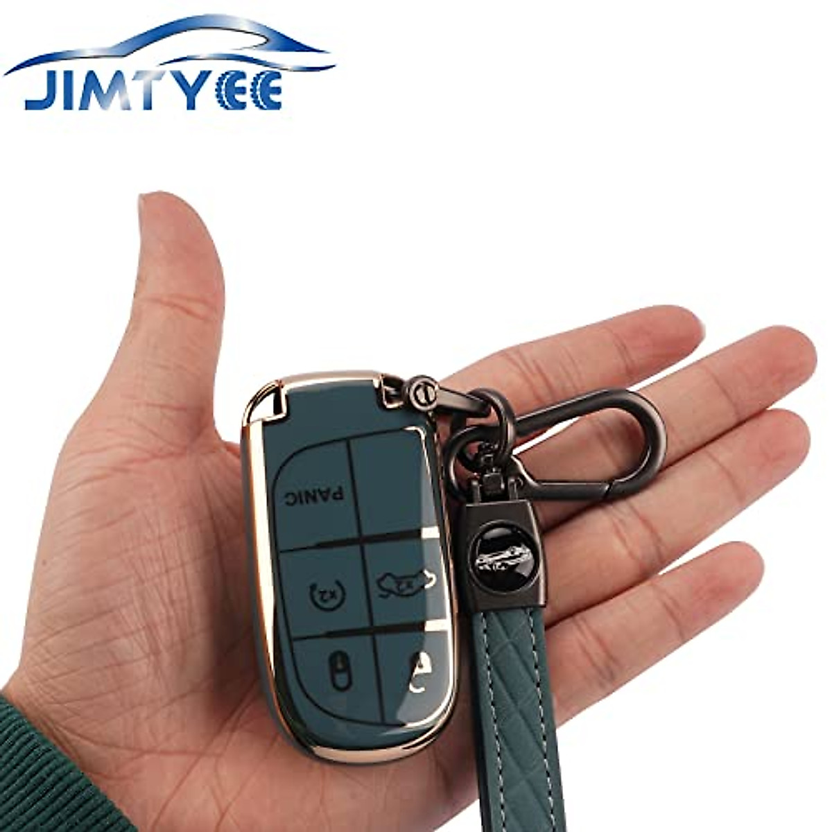 Jimtyee for Jeep Key Fob Cover with Keychain Soft TPU Car Key Case Shell Protection Compatible with Grand Cherokee Renegade Chrysler Dodge Ram Smart Key(Blue)
