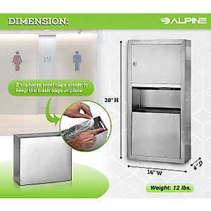 Alpine Commercial Paper Towel Dispenser and Waste Receptacle - Stainless Steel Toilet Paper Dispenser with Rounded Tray for 350 C-Fold or 475 Multifold Paper Towels (2-Gallon Capacity Trash Bin)