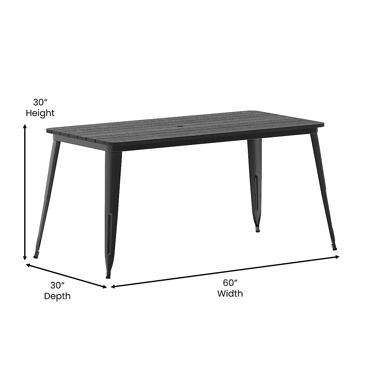Flash Furniture Declan Commercial Outdoor Dining Table with Umbrella Hole, All Weather Poly Resin Top and Steel Base, 30" x 60", Black/Black