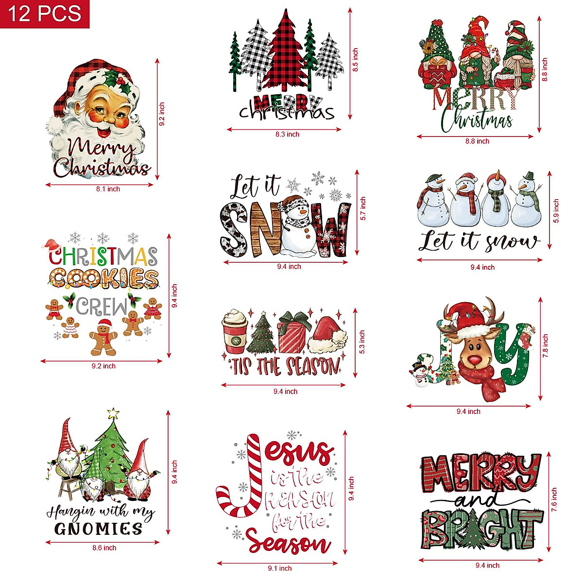 12 Sheets Christmas Heat Transfers Vinyl,Christmas Iron On Transfers for T-Shirts,Christmas HTV Vinyl Iron on Decals for Clothes Pillow Hoodie DIY Crafts