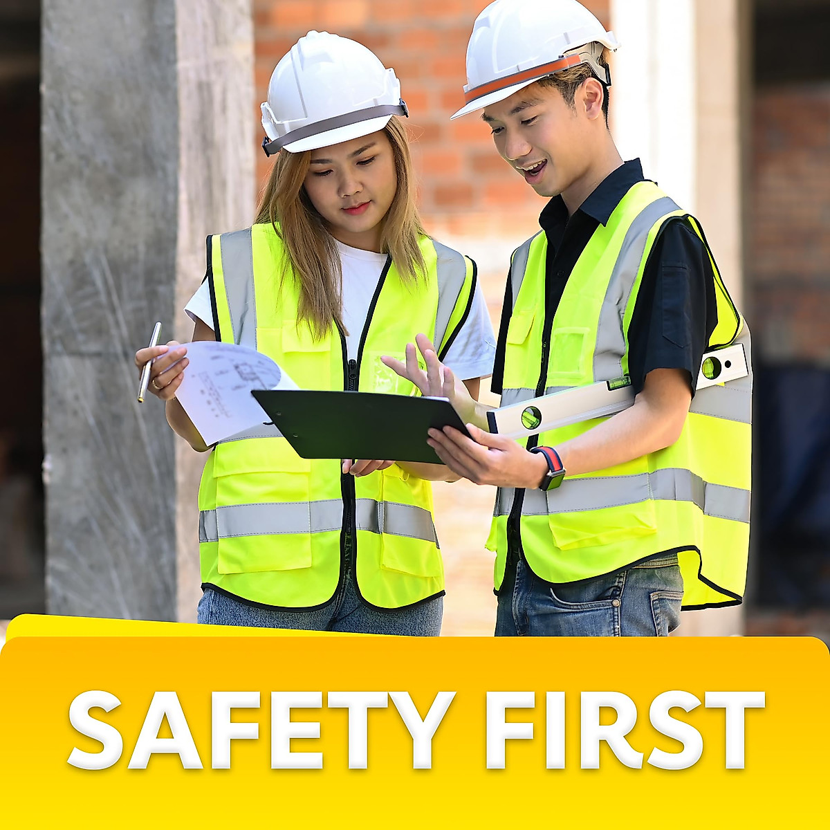 PeerBasics Safety Vest 10 Pack, Yellow, ANSI Class 2, Reflective, For Men Women Unisex, With Pockets Zipper, Breathable Mesh (Large)