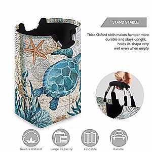 visesunny Coral Turtle On The Wood Large Laundry Bag Collapsible Oxford Fabric Laundry Hamper Foldable Portable Dirty Clothes Laundry Basket with Handles Waterproof Washing Bin Laundry Tote Bag