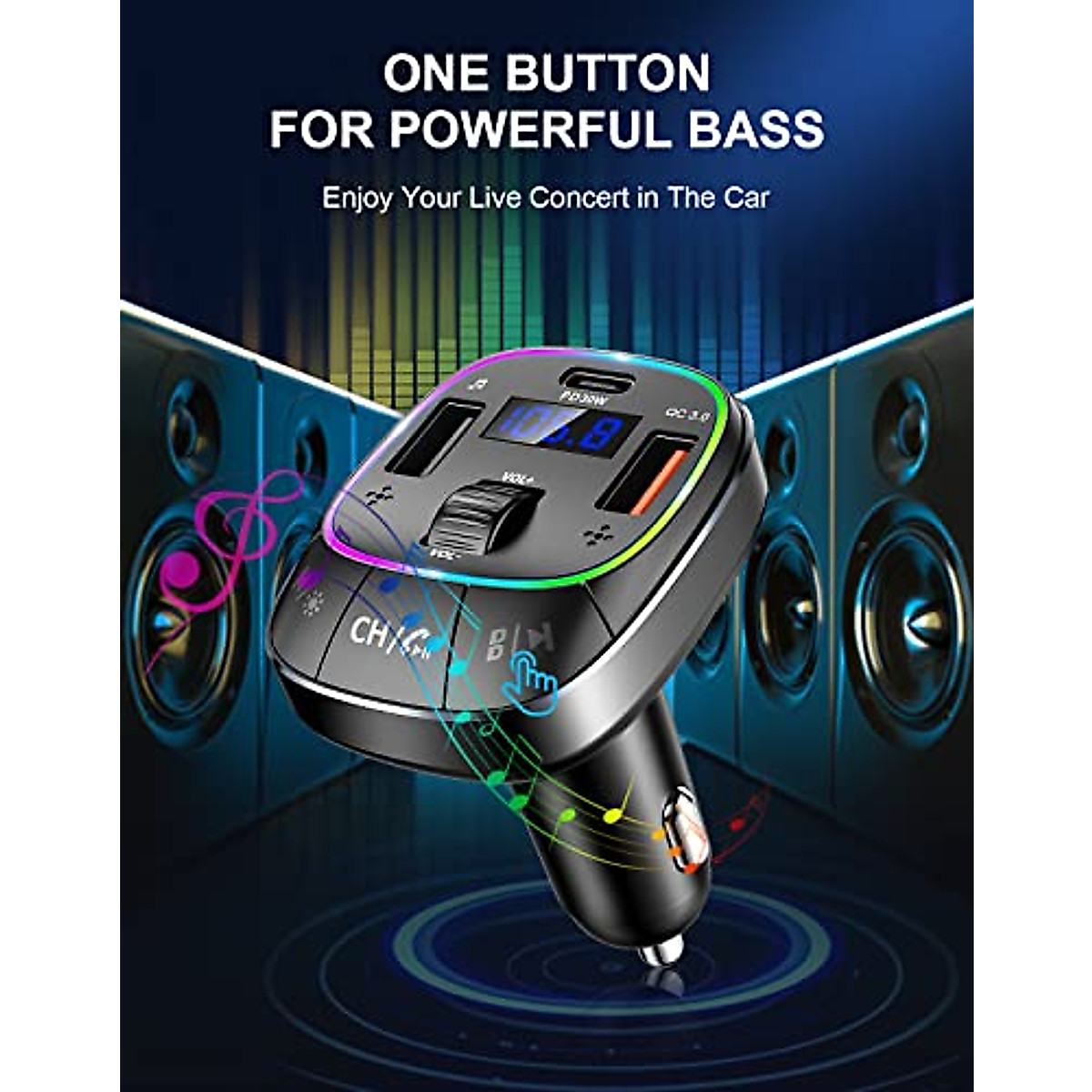 RIWUSI Bluetooth Car Adapter, [PD 30W+QC 3.0] [Stronger Dual Mic & Bass Boost] Bluetooth 5.0 FM Transmitter for Car, Hands-Free Music Player/Car Kit with Stunning 8 Colors Backlit & U Disk