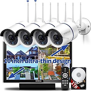 [2 Antenna Signal Enhance & 100ft Super Night Vision] Wireless Security Camera System Outdoor, 4pcs 3MP CCTV Camera Security System Wireless, Home WiFi Video Surveillance NVR Kits, All in One Monitor