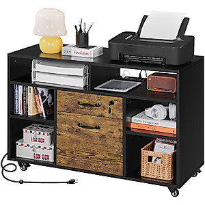 Yaheetech File Cabinet Filing Cabinets with Socket & USB Charging Port 2 Drawers Lateral Printer Stand for Letter Size A4 Size, Home Office Black/Rustic Brown