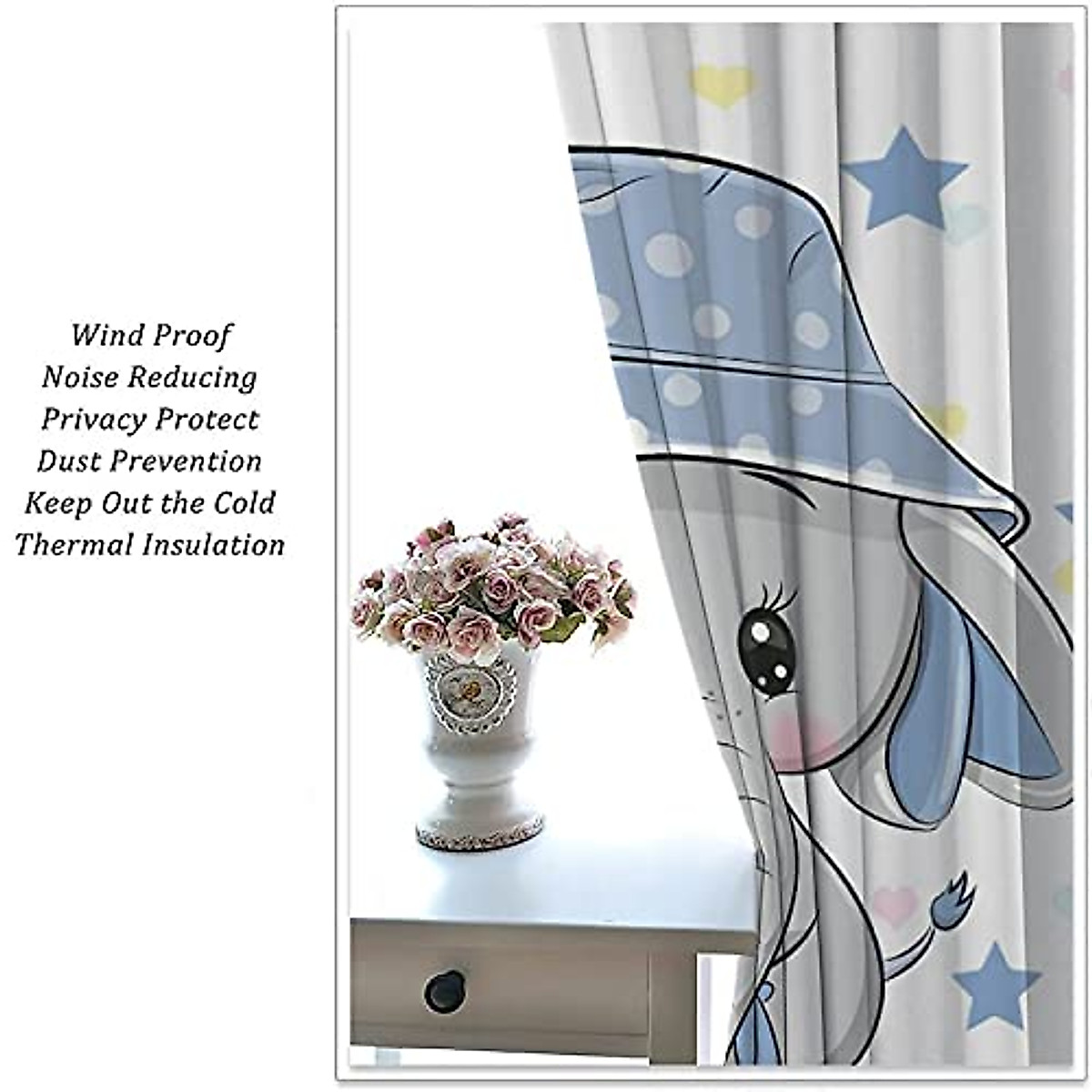 Denruny Cartoon Cute Elephant Curtain Nursery Baby Elephant with Blue Hat Windows Drapes for Nursery Room Kids Room Gifts for Boys and Girls Rod Pocket 2 Panels 63L x 21W