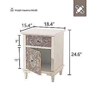 HOMPUS End Table w Flower Pattern, Nightstand w Storage, Small Night Stand w Wood Grain Finish, Accent Table Side Table, Small Cabinet for Living Room, Bedroom, Light Grey Grain