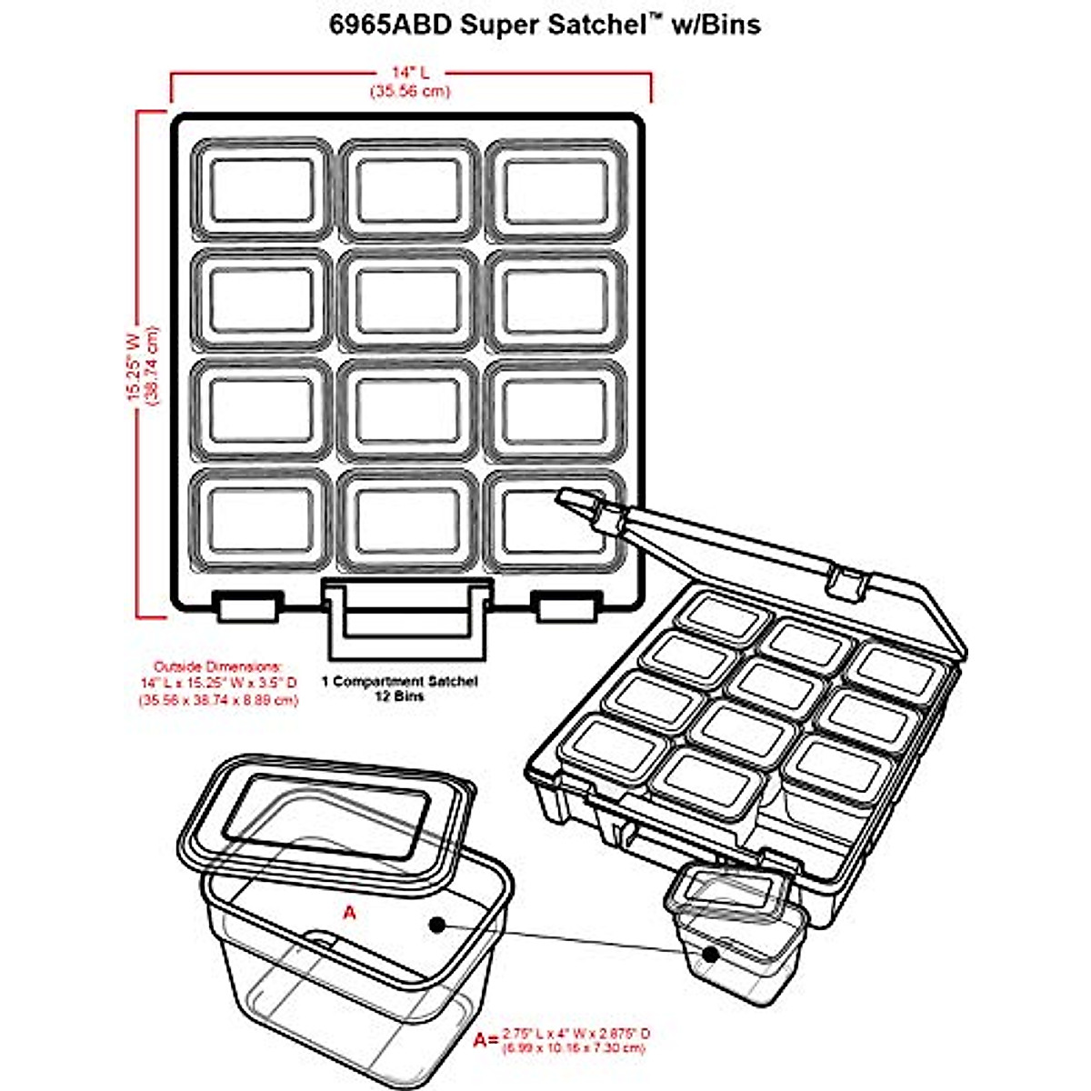 AB Designs 6965ABD Super Satchel with 9 Small Bins Inside, Stackable Home Storage Organization Container, Clear with Sliver Latches and Handle