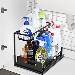Under Sink Organizer, DIFEN 2-Tier Sliding Cabinet Basket Organizer for Under Sink Storage in Bathroom and Kitchen - Black