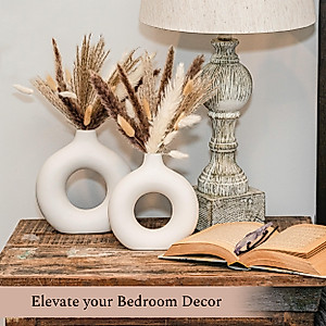 VELOVA Set of 3 White Ceramic Vase with 65 PCS Dried Pampas Grass Flowers Aesthetic Boho Modern Small Round Cute Vases for Decor Living Room Coffee Table Shelf Bedroom Office Desk Home Gifts Women Mom