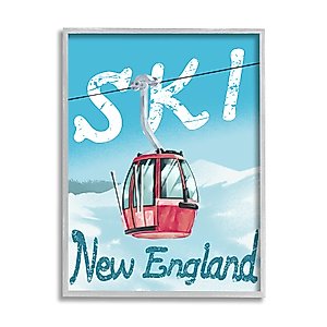 Stupell Industries Ski New England Red Winter Trolly Mountains, Designed by Ziwei LI Gray Framed Wall Art, 24 x 30, Blue