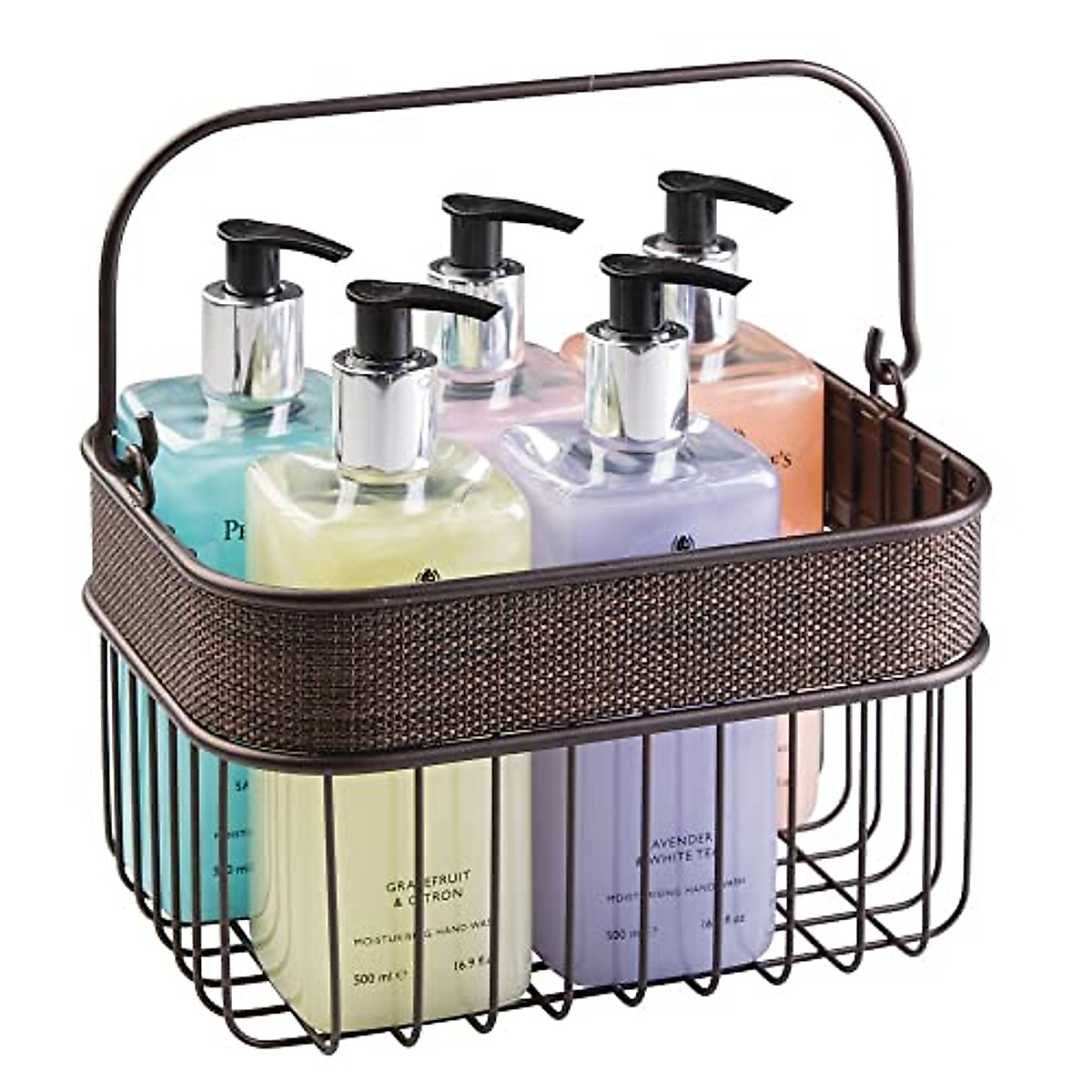 mDesign Metal Woven Storage Basket Bin with Handle for Organizing Hand Soaps, Body Wash, Shampoos, Lotion, Conditioners, Hand Towels, Hair Accessories, Body Spray, Mouthwash - Small - Bronze