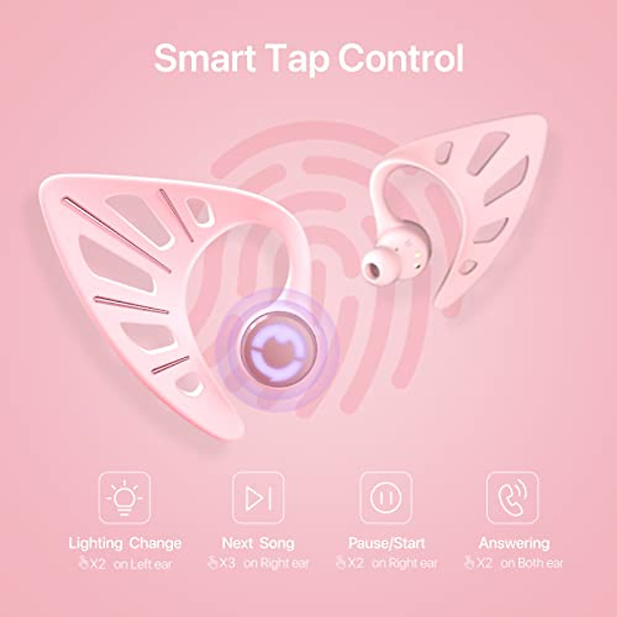 YOWU Elf Ear Headphones, Wireless 5.0 Earphones, 10 Colors RGB Effects with App Control, Dual Microphone Noise Reduction, IPX4 Water Resistant, Elf in-Ear Earbuds with Charging Case, Pink