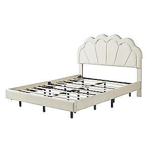 Harper & Bright Designs Floating Upholstered Full Platform Bed with LED Lights and Flowers Headboard. Velvet Full Size Bed Frame with Wooden Slats Support, No Box Spring Needed (Full, Beige)