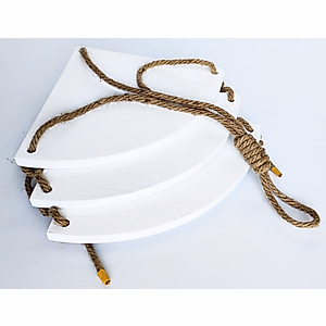 Tirzah 3-Tier Hanging Wall Corner Shelf with Rope, 9 inches White Real Wood Circular Sector Floating Shelf for Home Decor, Kitchen Organizer