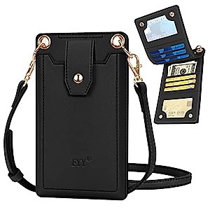 FYY Small Leather Phone Purse Crossbody for Women - Black Cell Phone Purse Wallet with Card Slots and Zipper Pocket for iPhone 14 13 12 11 XS Max Galaxy S23