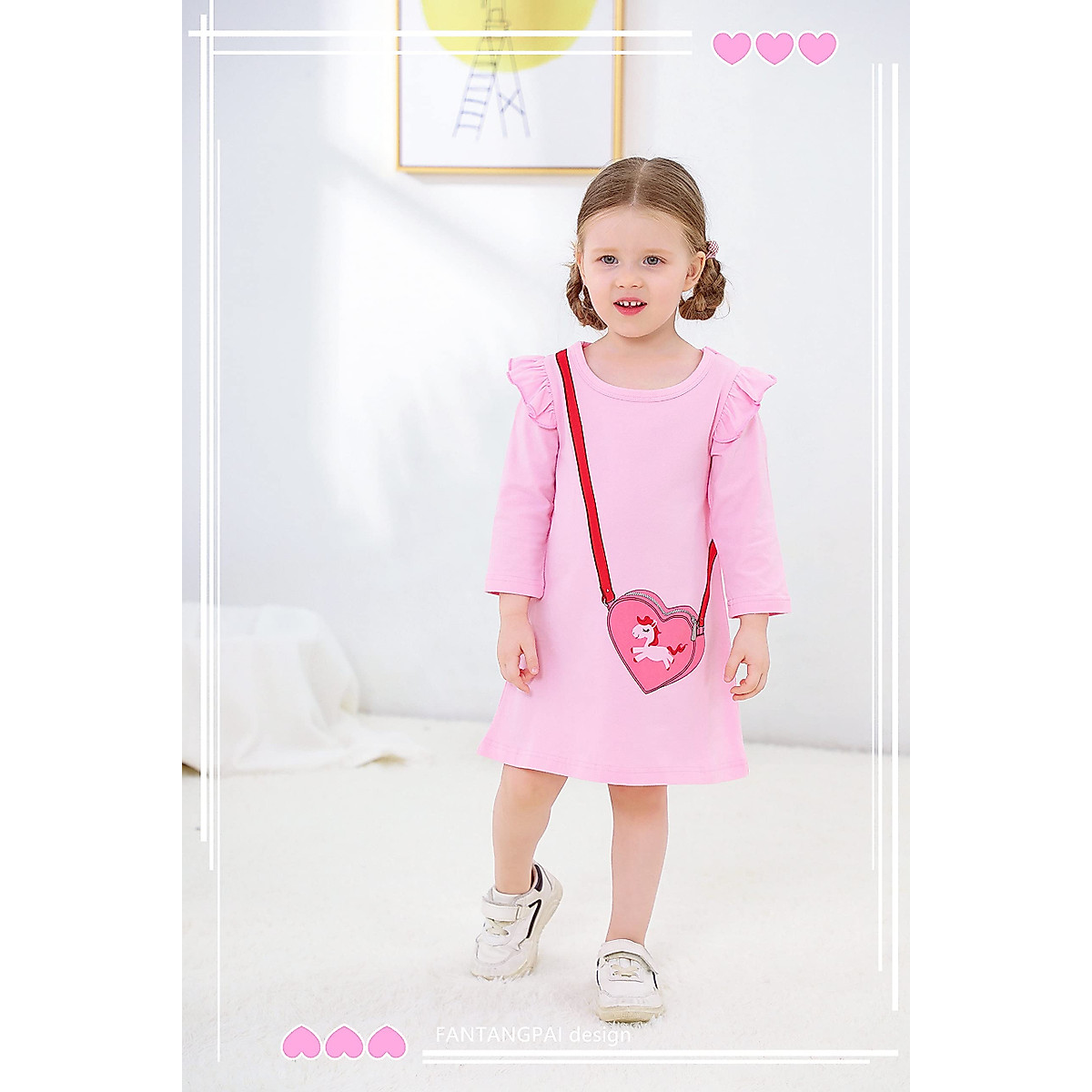 FANTANGPAI Toddler Girl Pink Heart Dress Long Sleeve Baby Girl Cotton Fall Outfit (Pink,8-9 Years)