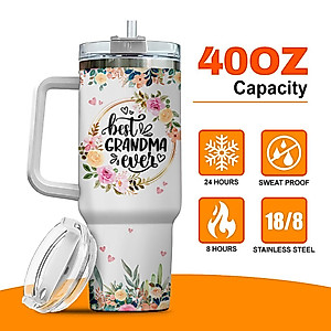 99WHALE Grandma Gifts, Grandma Watercolor Floral Nutrition Facts, Tumbler 40 Oz With Handle Lid And Straw, Handle Grandmas Cup For Great Heart Sippy Flower Best Ever Coffee Cups Nana