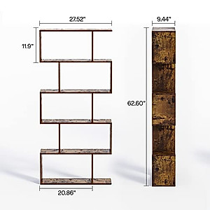 CHF DPT 5-Tier Geometric Bookcase, Brown Wooden Modern Bookshelf with Large Capacity, Freestanding Decorative Tall Bookcase Shelving for Bedroom Living Room, S Shaped Bookshelf with Particleboard