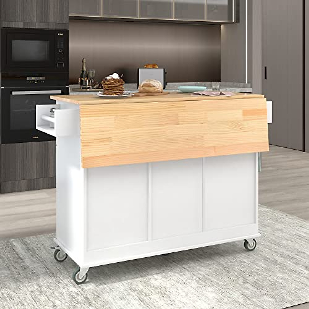 Kitchen Island Carts on Wheels, Rolling Storage Cabinet Trolley 52.7" Foldable Drop-Leaf Breakfast Bar Spice Rack, Towel Rack & Drawer, Solid Wood Top Buffet Server Sideboard(White-B)
