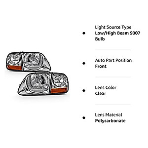 ACANII - For Chrome 1997-2003 Ford F150 Expedition Lightning Style Headlights w/Corner Signal Lights Lamps 4pcs Set
