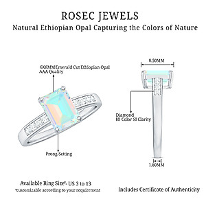 Certified Opal 6X8mm Emerald Cut Engagement Ring, AAA Quality, Natural Opal Diamond Solitaire Ring - With Jewelry Box, 14K White Gold, Size:US 10.00