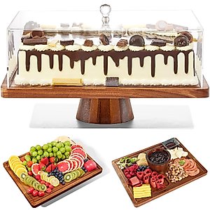 Cake Stand with Lid-Acacia Wood Cake Stand,2-in-1 Shatterproof Serving Platter & Charcuterie Board with Lid, Dessert Table Display for Party,Fruit Tray,Cheese,Veggie,Large Rectangular Cake Dome Cover