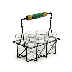 ExclusiveLane 'The Railway Nostalgia' Tea Glasses with Iron Holder (Set of 6, 120ml) - Cutting Chai Glasses with Stand Indian Style Tea Glass Tea Cup Handpainted Iron Carrier Stand Organizer