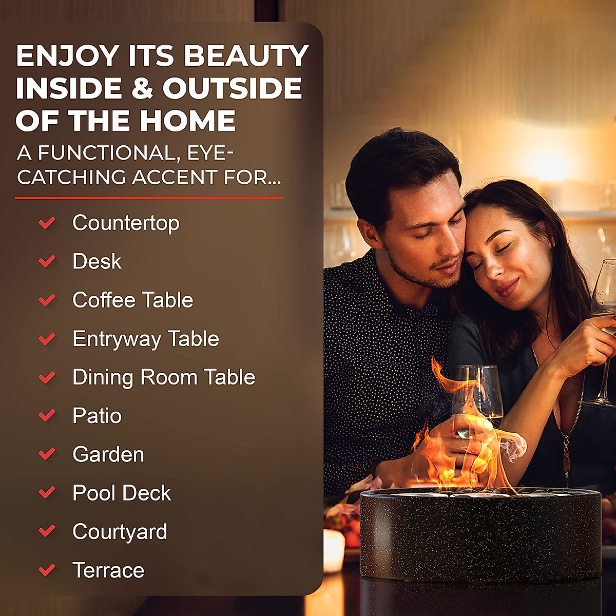 Vizayo Tabletop Fire Pit for Patio - 14.2 x 10.2 inch Indoor Outdoor Table Top Firepit Bowl - Use Gel Fuel Cans, Bioethanol or Isopropyl Alcohol - Tabletop Fireplace for Balcony, Patio Decor - Black