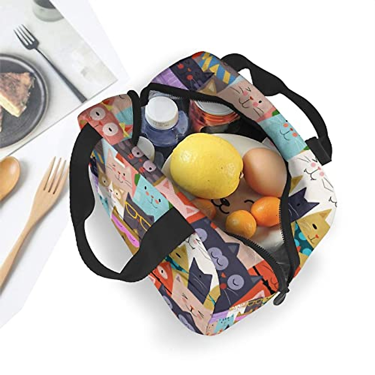 Majoug Cat Colorful Portable Lunch Bag Woman Waterproof Tote Shoulder Bags Small Handbags Purses Lunch Box,Shopping Office/Picnic/Travel/Camping