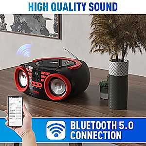 Pyle Portable CD Player Bluetooth Boombox Speaker - AM/FM Stereo Radio & Audio Sound, Supports CD-R-RW/MP3/WMA, USB, AUX, Headphone, LED Display, AC/Battery Powered, Red Black - PHCD22
