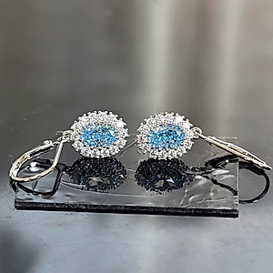 DovEggs Moissanite Earrings Center 2ct 5x7mm Blue Color Oval Special Quality Crushed Ice Cut CZ Simulated Diamond Halo Moissanite Leverback Drop Hoop Earring Earrings for Women Sterling Silver
