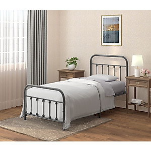 AMBEE21 CastleBeds Vintage Twin Size Silver Iron Bed Frame with Headboard Footboard Wrought Rod Art Heavy Duty Steel Metal Platform Foundation Farmhouse Industrial Victorian Style 600 lbs Capacity