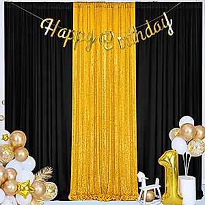 10x10 ft Black Backdrop Curtains and 10x4 ft Gold Sequin Backdrop Curtains, Black and Gold Backdrop Curtains for Parties, Wrinkle Free Backdrop Drapes for Wedding Birthday, 4 Panels