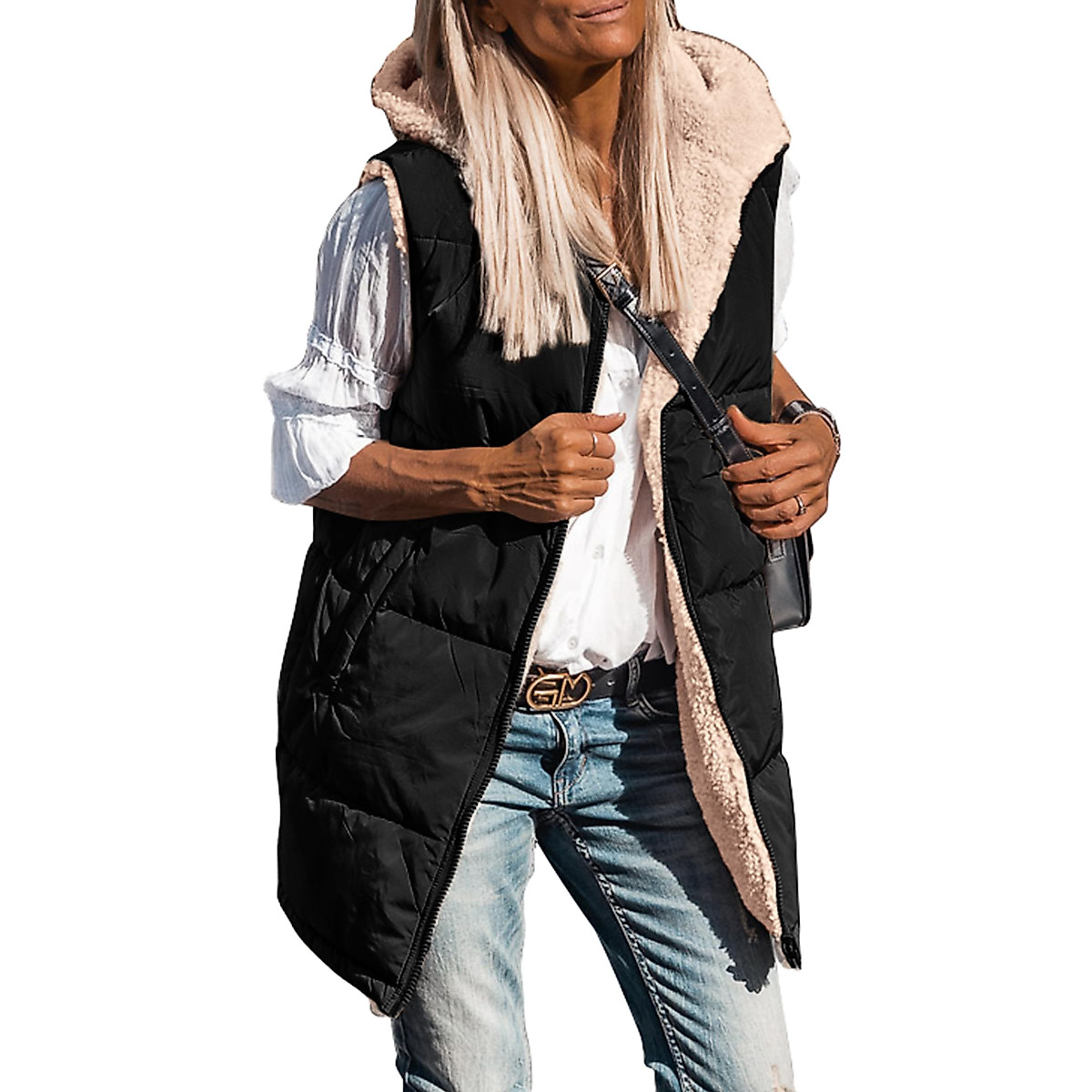 PRETTYGARDEN Womens 2025 Fall Reversible Vests Sleeveless Fleece Jacket Zip Up Hoodie Pockets Long Warm Winter Coat Outerwear (Black,Small)