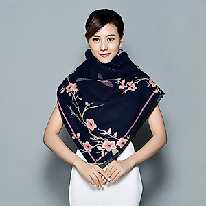 Scarfs,Women's Autumn Winter Cold-Proof Scarf Retro Navy Blue Plum Branch Flower Bird Jacquard Ethnic Warm Soft Cashmere Touch Scarf Thick Blanket Wedding Prom Party Shawl Scarf