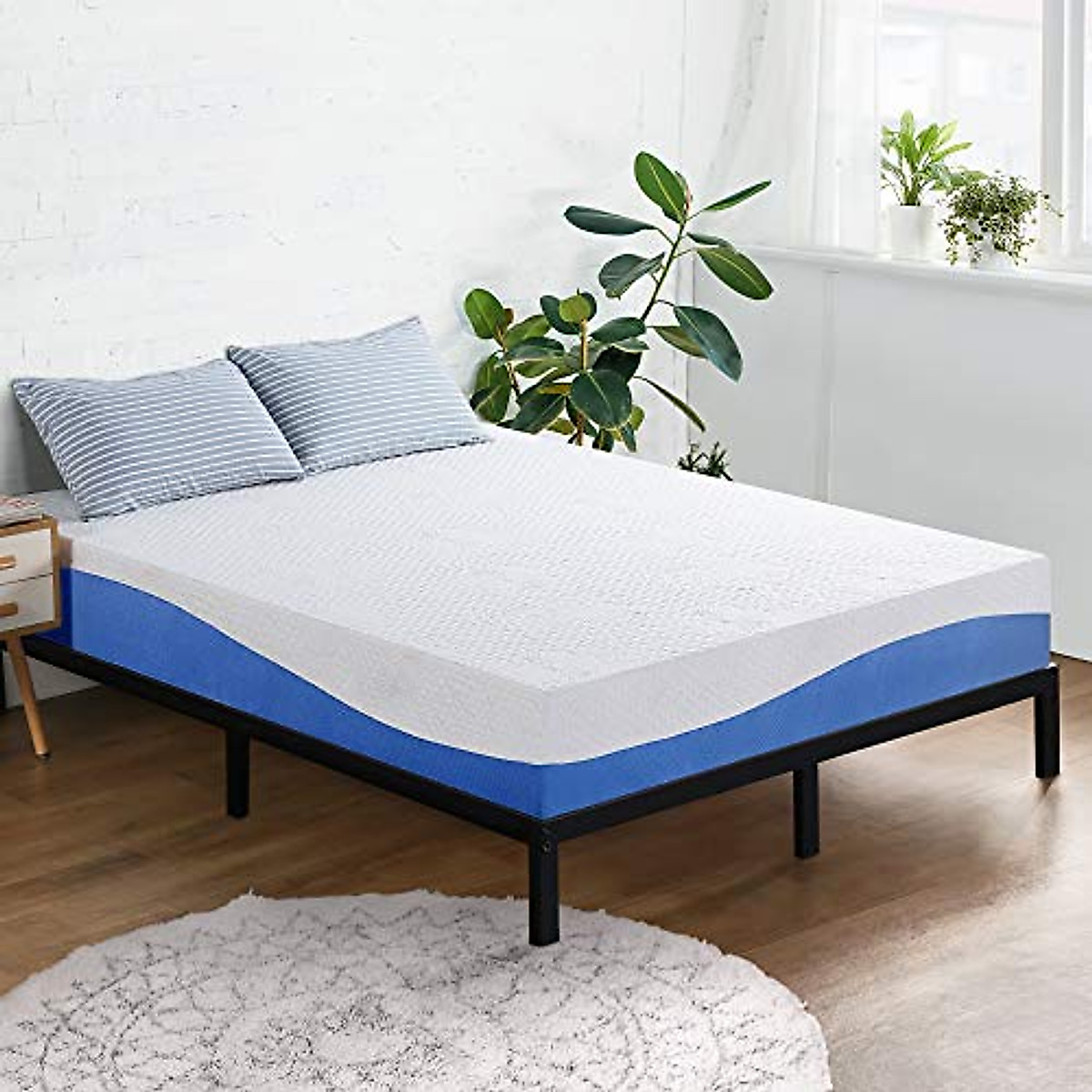 Olee Sleep 10 Inch Gel Infused Layer Top Memory Foam Mattress, King, Blue & 18 inch Heavy Duty King Steel Slat, No Box Spring Needed, Metal, Black