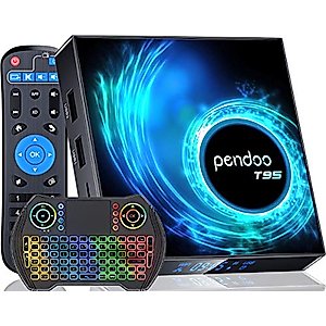 Android TV Box 10.0 4GB RAM 128GB ROM, 2021 Upgraded Pendoo T95 Android TV Box Allwinner H616 2.4G/5.8GHz WiFi Bluetooth, Android Box 10.0 with Wireless Mini Keyboard Ultra HD 6K HDR TV Box.