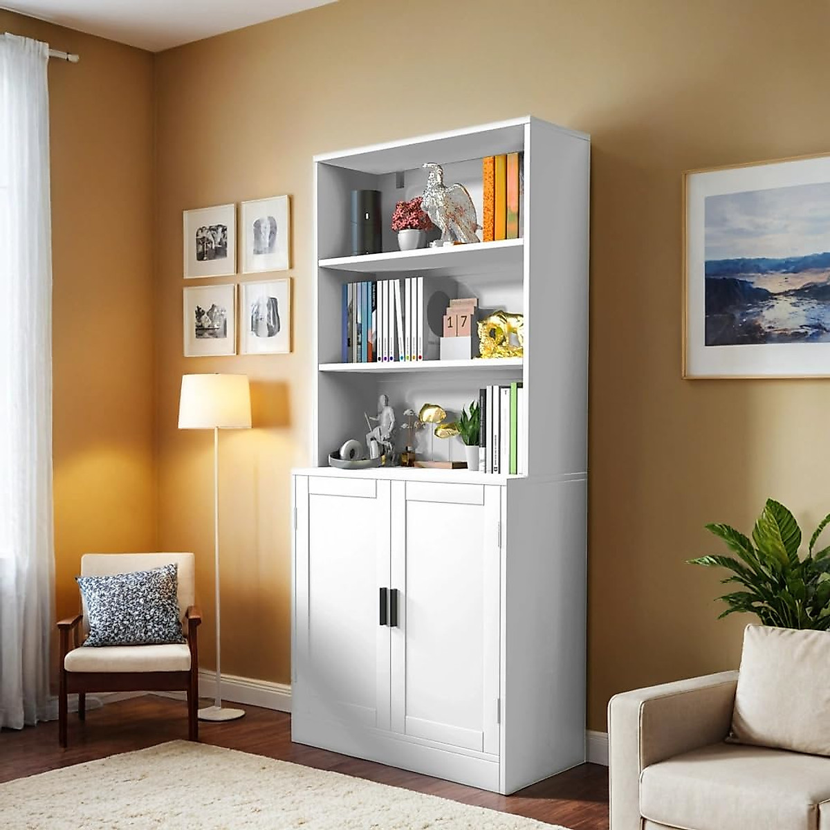 holzart 75" Tall Bookcase with Doors, 5 Tier Large Bookshelf with Cabinet, Standing Wood Display Book Shelf for Living Room, Office, Library with Doors, White