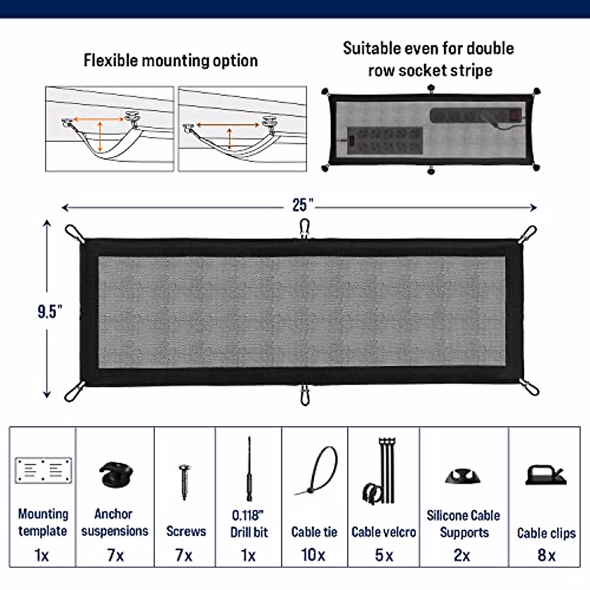 Cable management net - Under desk wire management - Flexible under desk cable management tray black