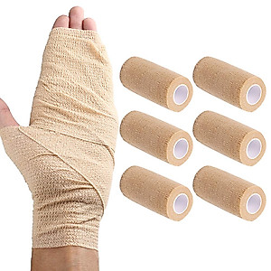 LotFancy Self Adhesive Bandage Wrap, 6 Pack, 4 in x 5 Yards, Non Woven Elbow Cohesive Bandage, First Aid Medical Tape for Ankle, Knee & Wrist Sprains, Tan Color