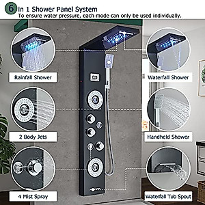 FCOTEEU Multi-Function Shower Panel with Temperature Display,LED Rainfall Waterfall Shower Head 2 Rain Massage Jets and 2 Mist Spray Shower Panel Tower System,Black