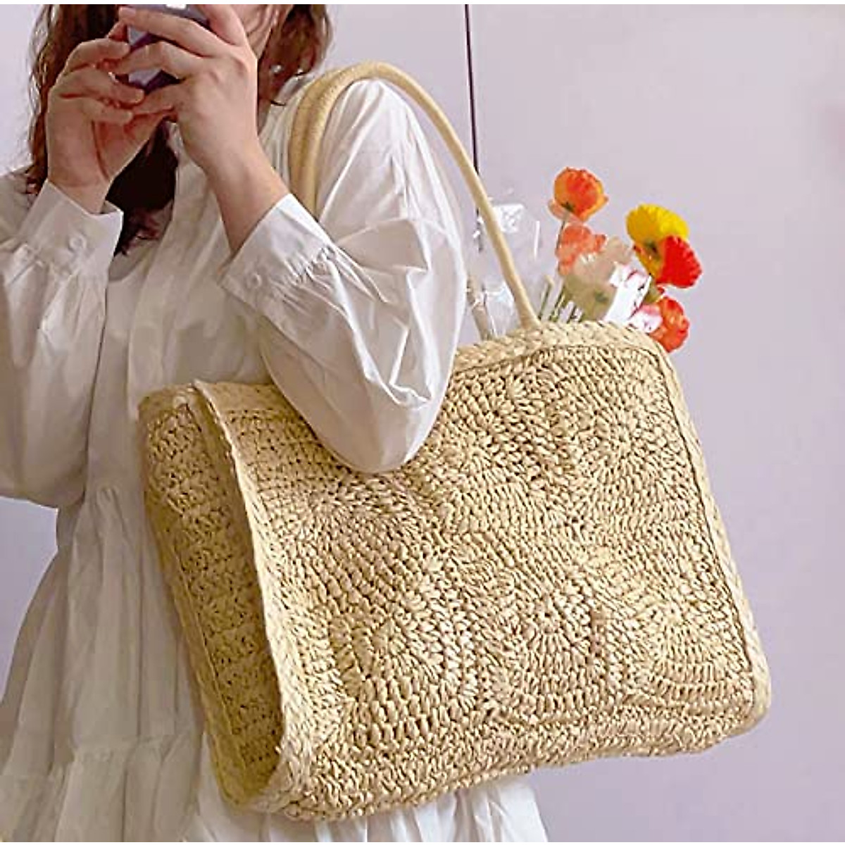 Handwoven Straw Vintage Purse Bag Bohemian Large Straw Beach Bag Chic Casual Handbag Shoulder Bag Tote Rattan Vacation Bag